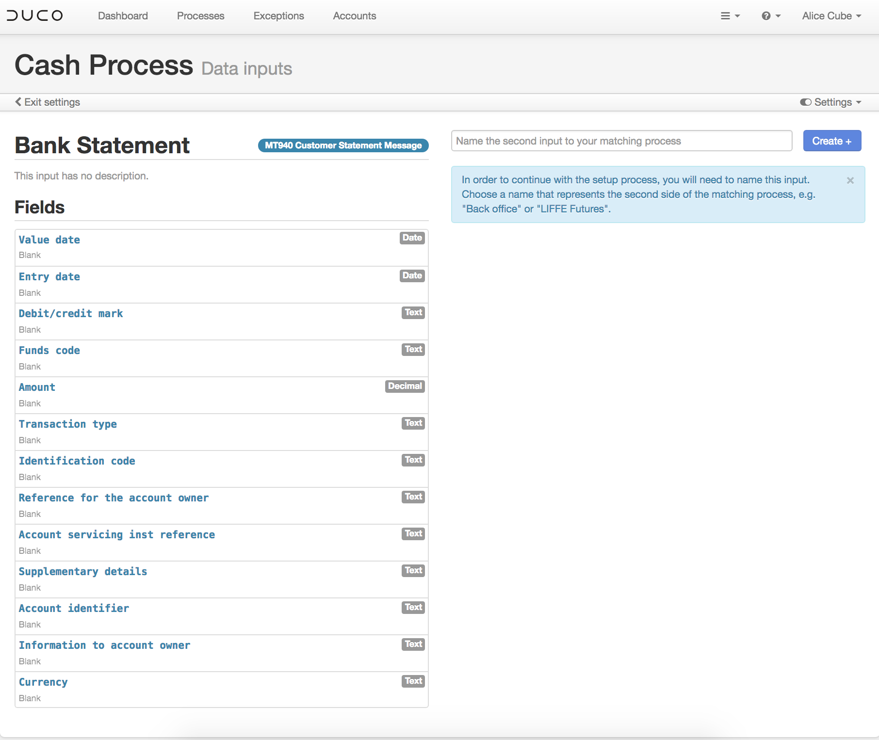 Data inputs for a cash process – Duco